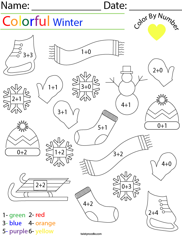 Winter Color by Number Addition Math Worksheet - Twisty Noodle